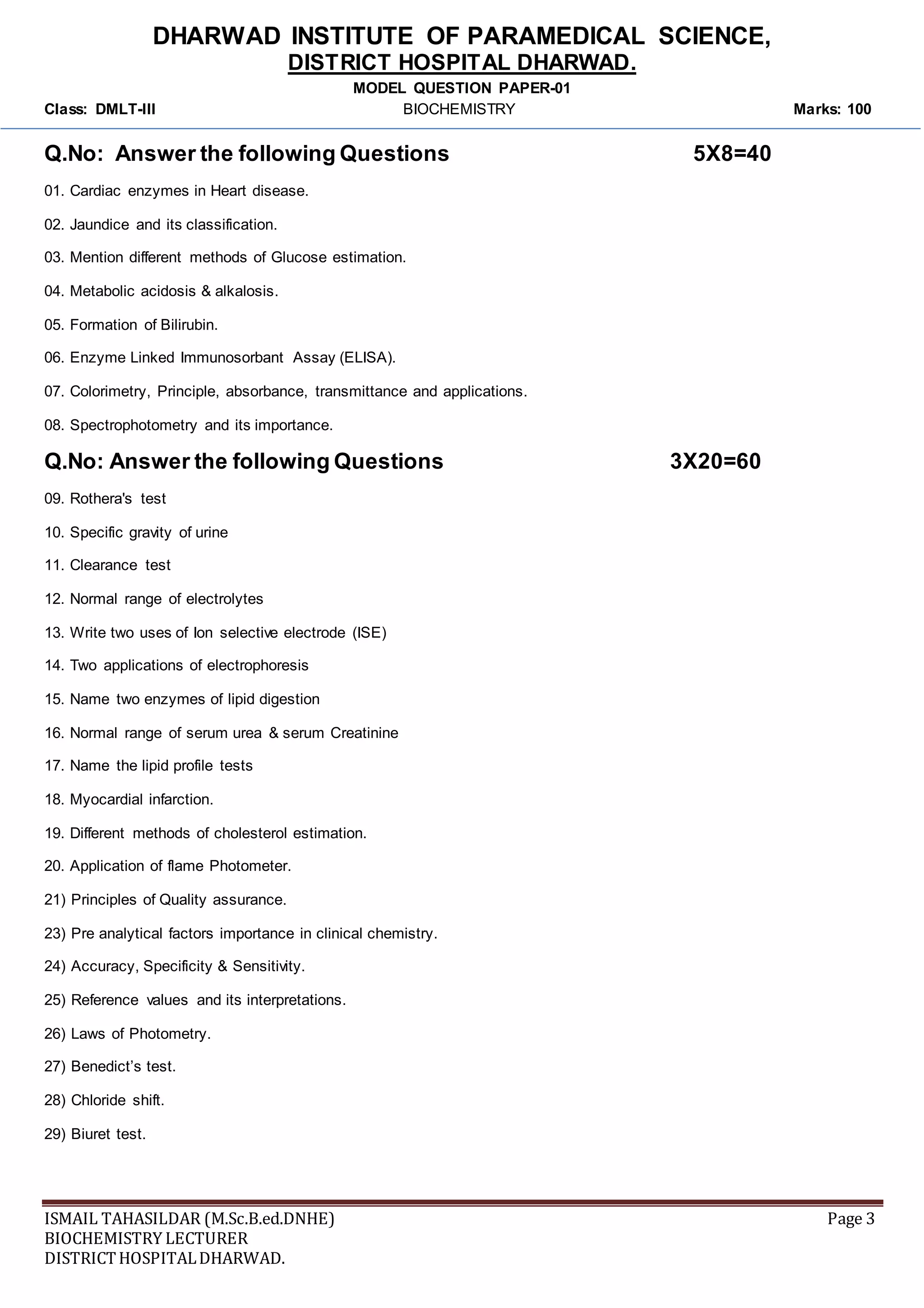 DMLT Biochemistry Model question papers Karnataka 2019-2020 | DOCX