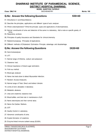 DMLT Biochemistry Model question papers Karnataka 2019-2020 | DOCX