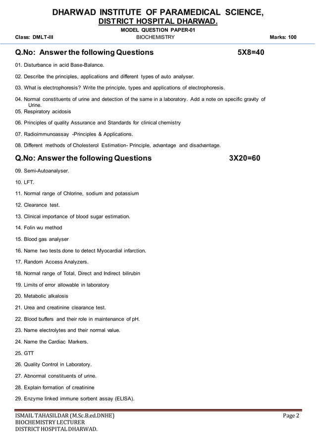 DMLT Biochemistry Model question papers Karnataka 2019-2020 | DOCX