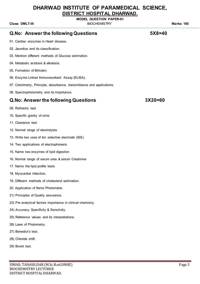 DMLT Biochemistry Model question papers Karnataka 2019-2020 | PDF