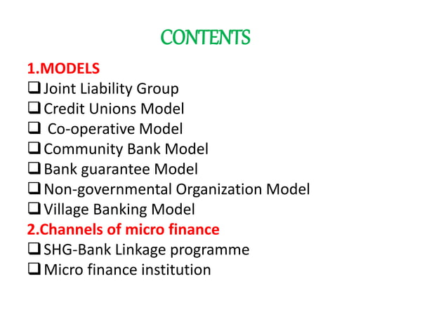 microfinance models | PPTX | Non-Profit Organizations | Industries