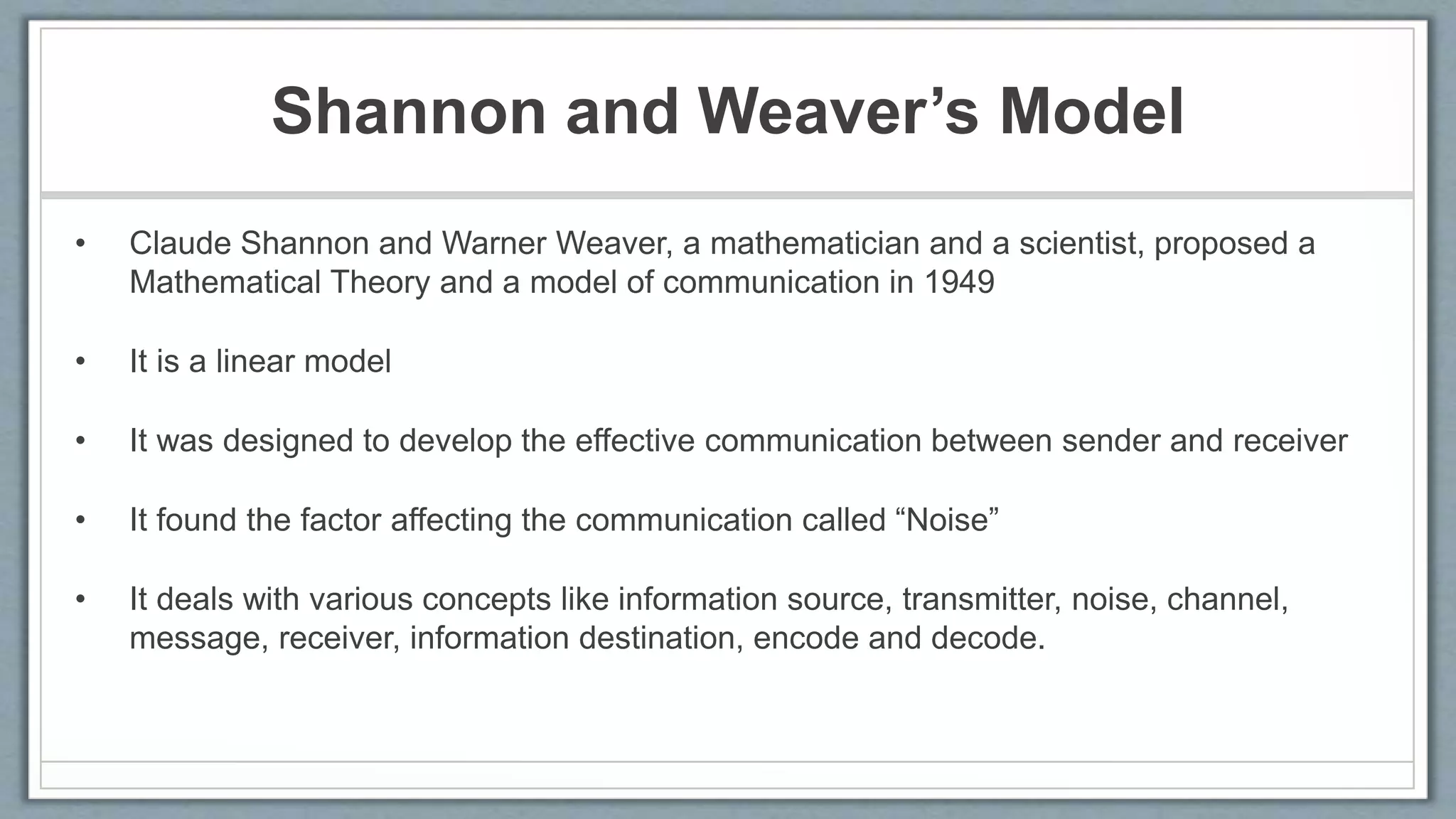 Models of Communication: Shannon Weaver and Wendell Johnson's Model | PPTX