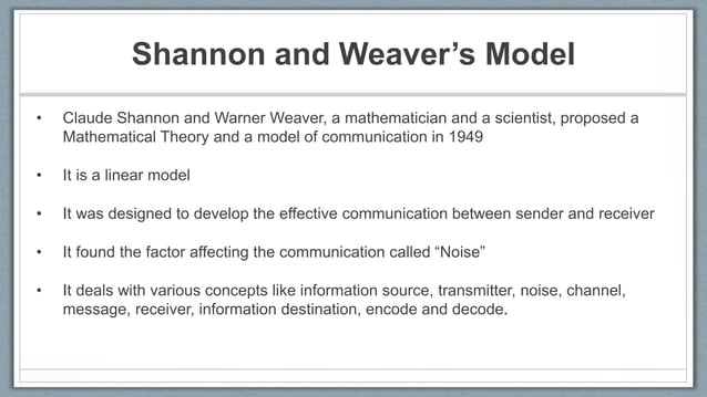 Models of Communication: Shannon Weaver and Wendell Johnson's Model | PPTX