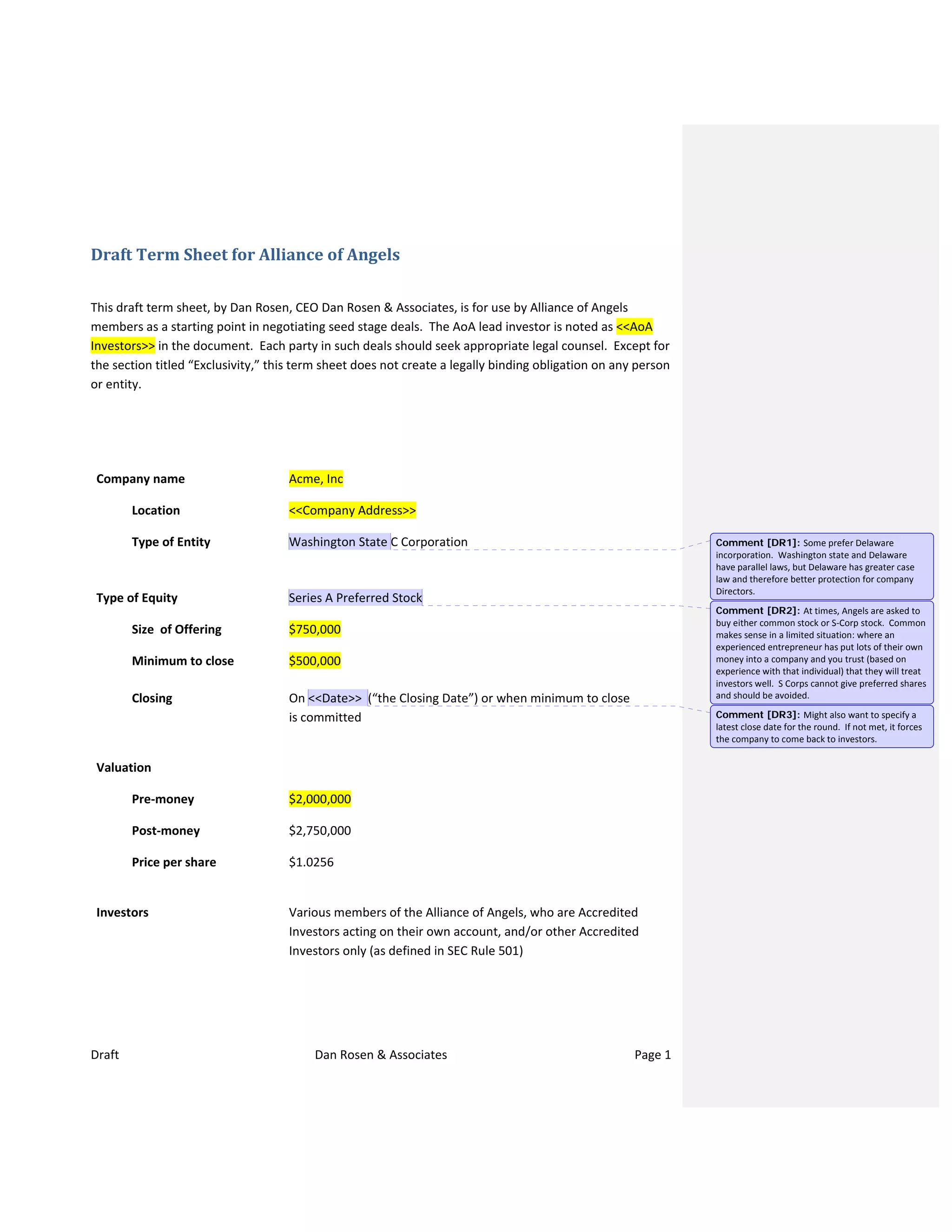 Model Term Sheet For Alliance Of Angels Final | PDF
