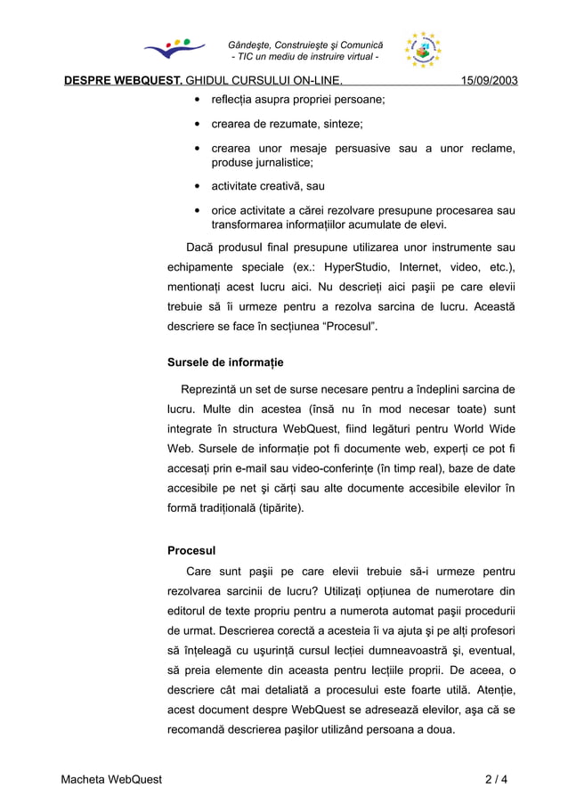 Modelul proiectului web quest | PDF