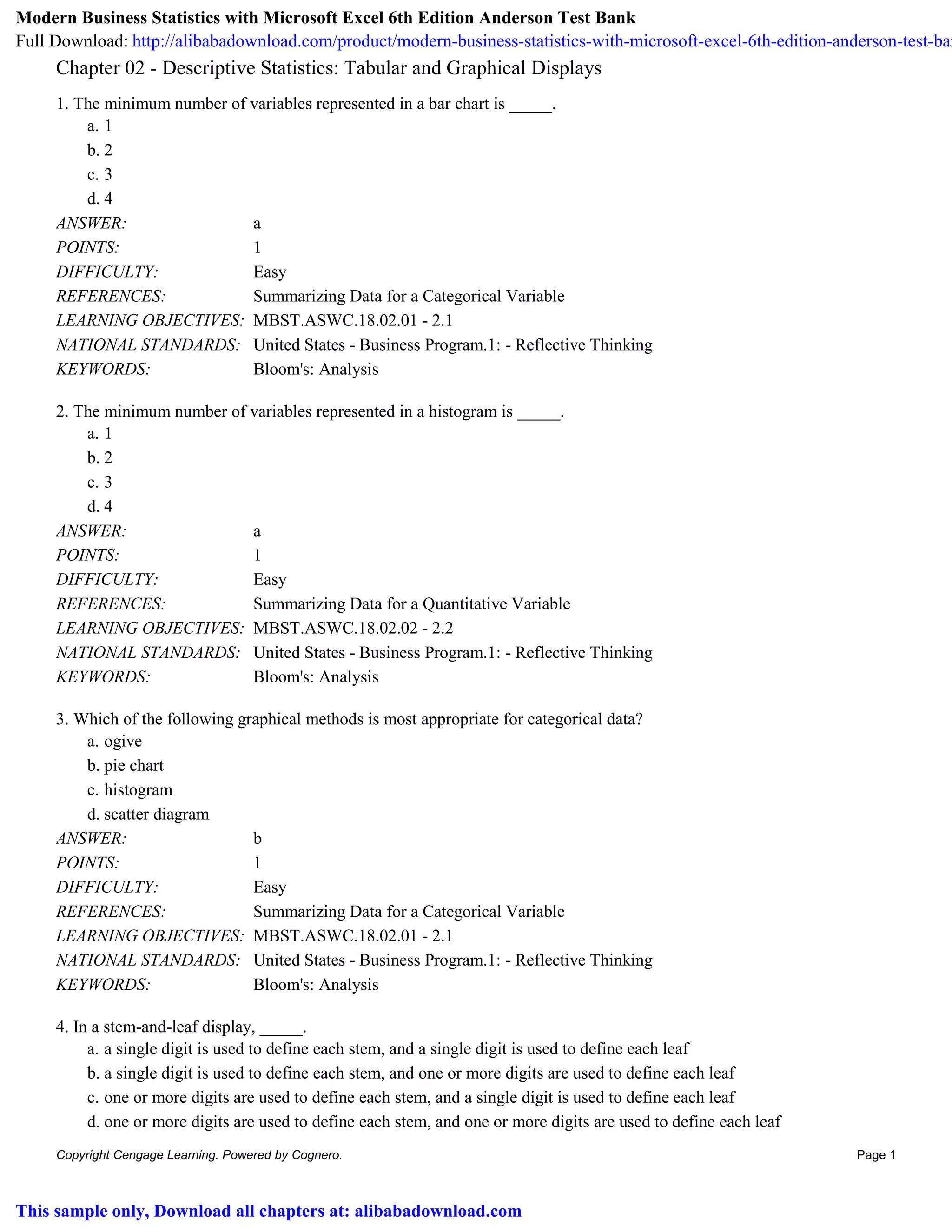 Modern Business Statistics with Microsoft Excel 6th Edition Anderson ...