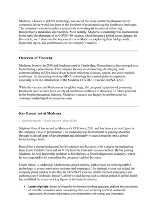Leadership at Moderna: Key Executives & Their Vision | PDF