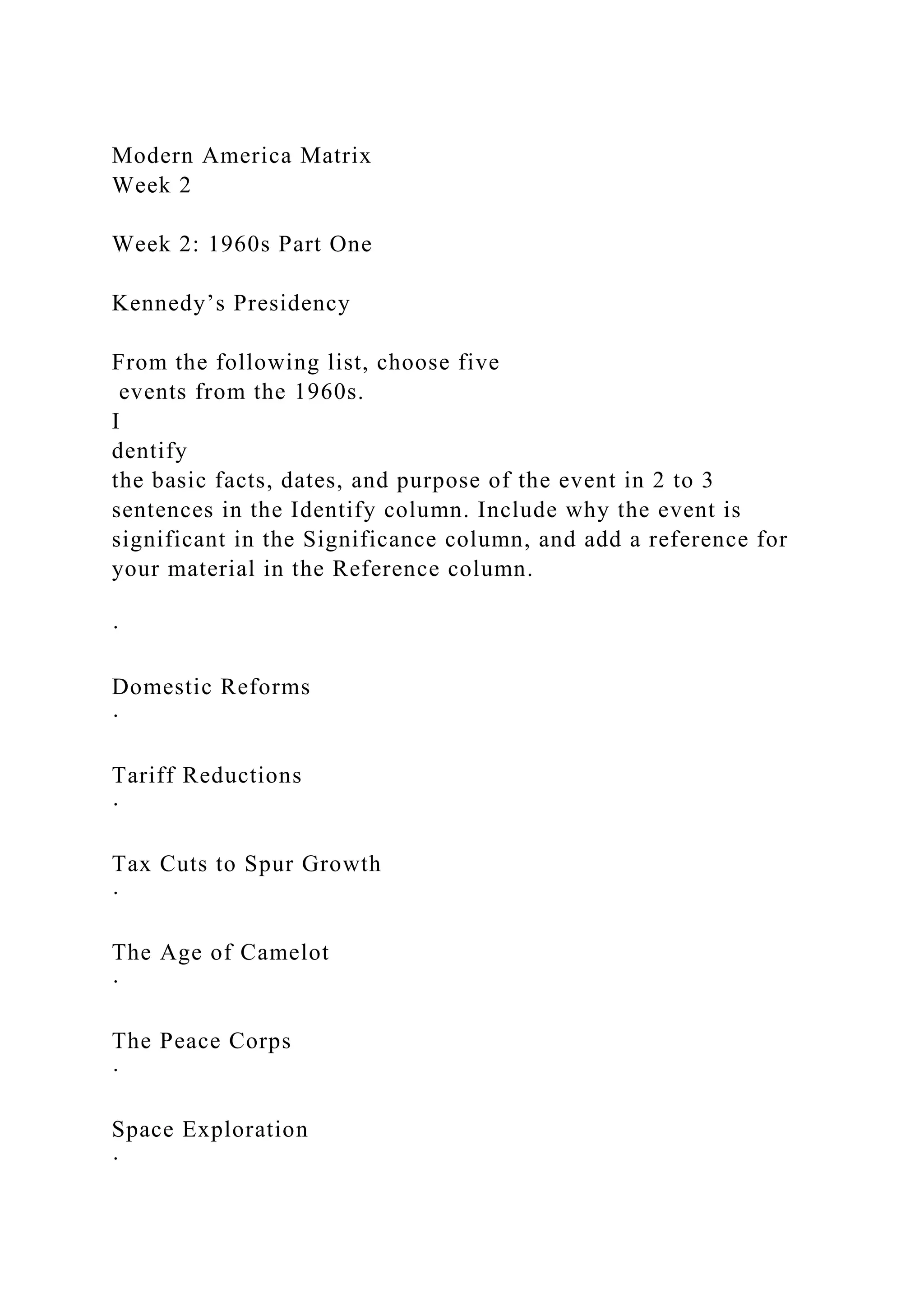 Modern America Matrix Week 2Week 2 1960s Part OneKennedy’.docx