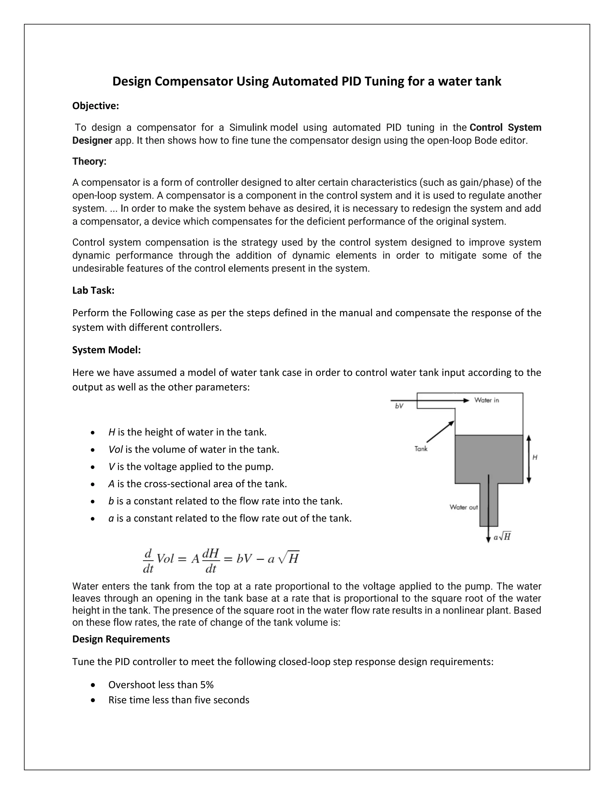 Design Compensator Using Automated Pid Tuning For A Water Tank Pdf