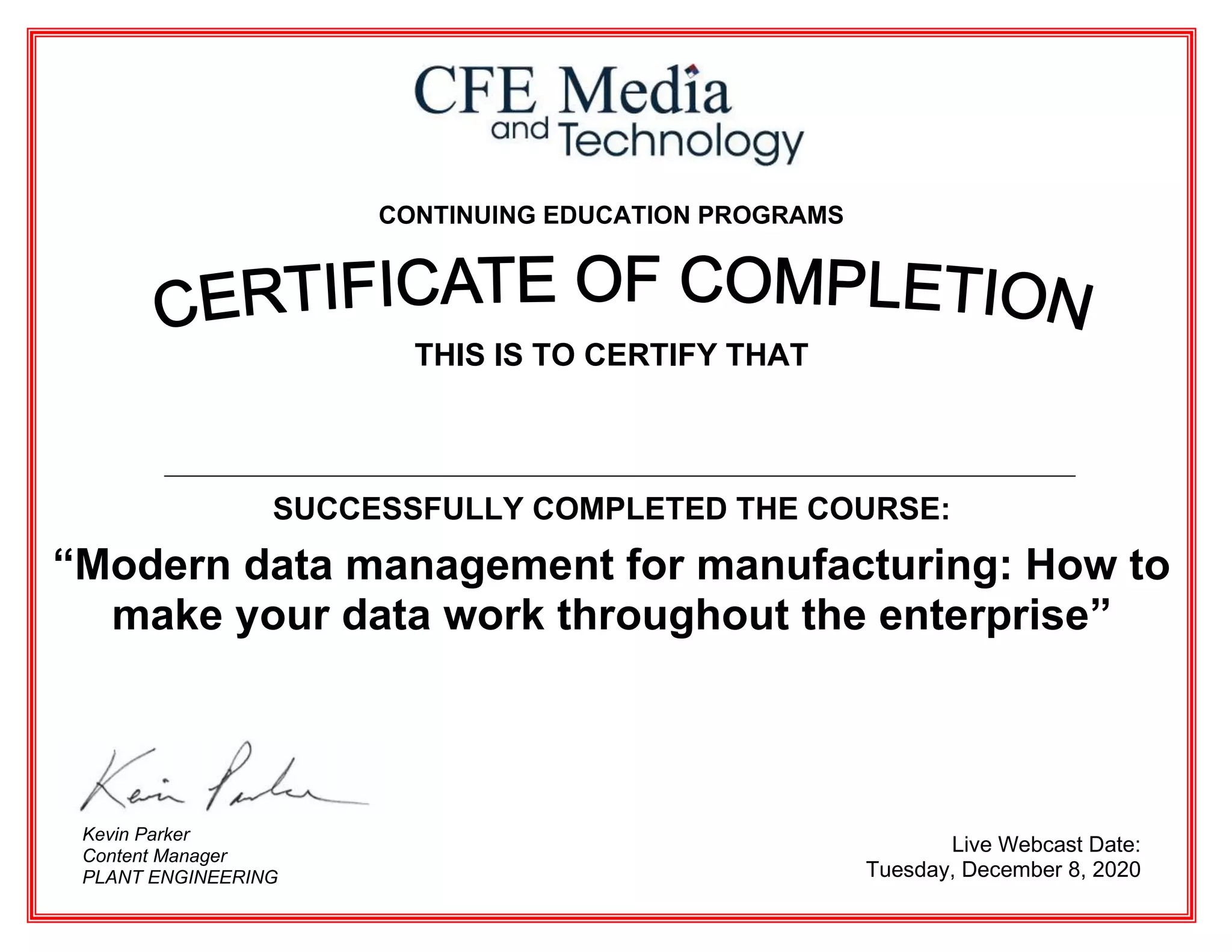 Certification of Completion "Modern data management for manufacturing ...