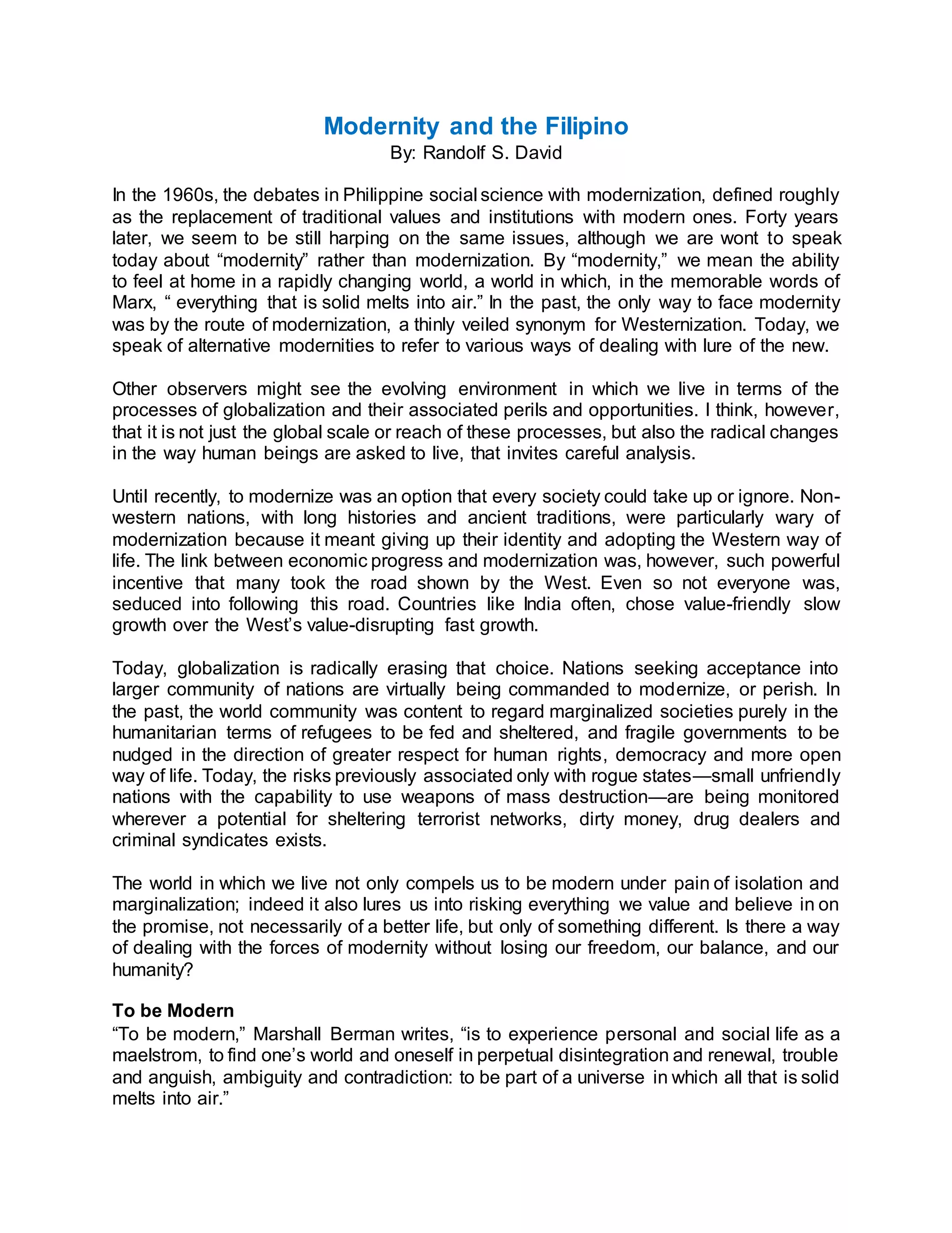 Modernity and the filipino | DOCX