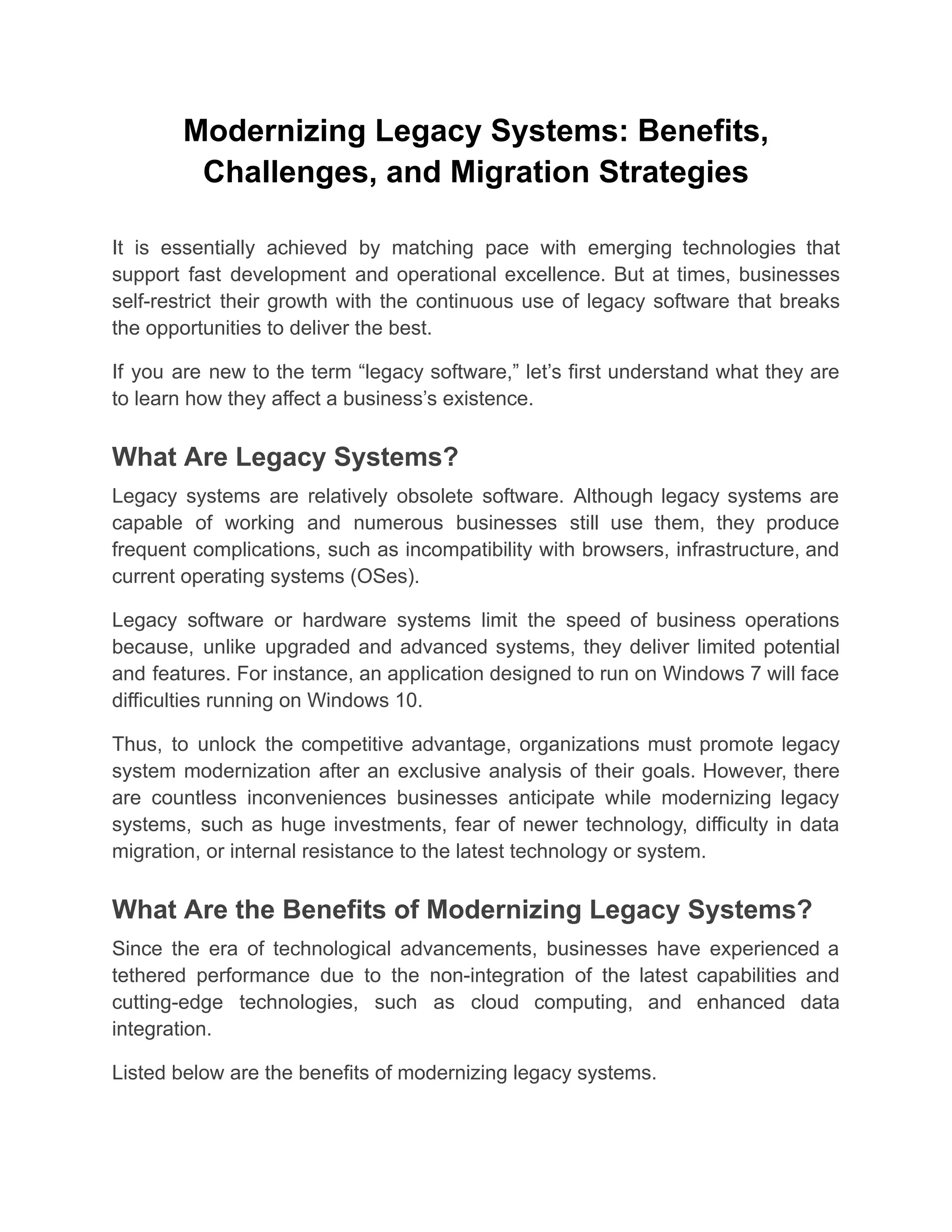 Modernizing Legacy Systems: Benefits, Challenges, and Migration Strategies | PDF