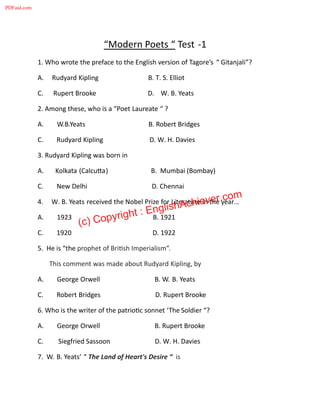 Modern poets in English Literature test 1 w | PDF