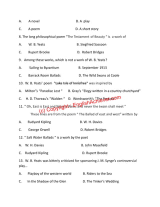 Modern poets in English Literature test 1 w | PDF