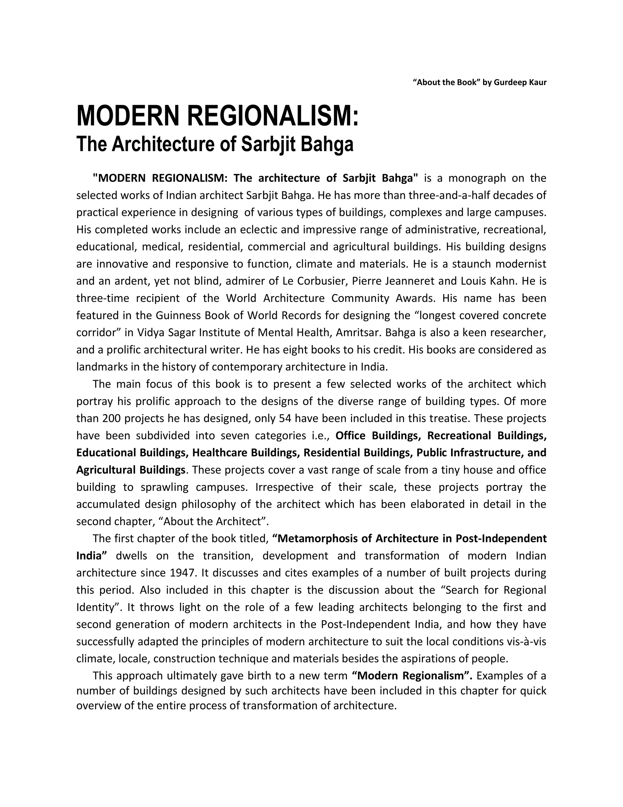 MODERN REGIONALISM: The Architecture of Sarbjit Bahga | PDF