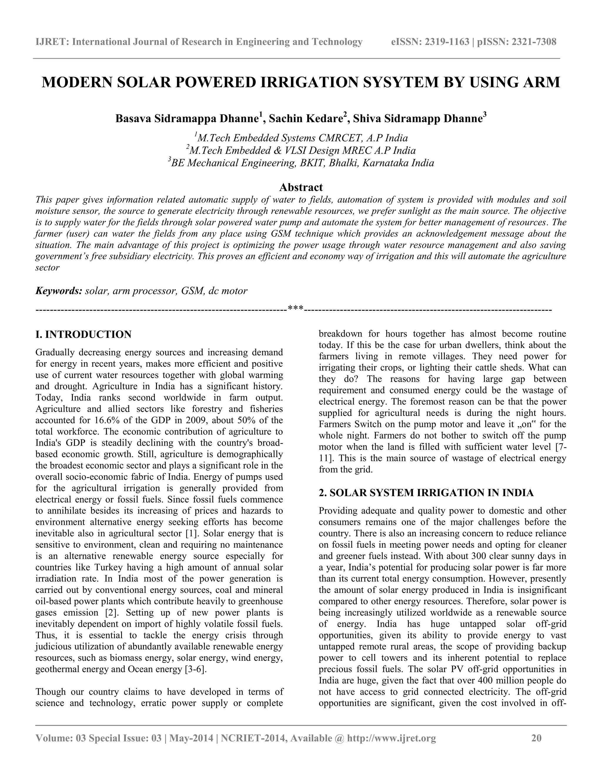 Modern solar powered irrigation sysytem by using arm | PDF