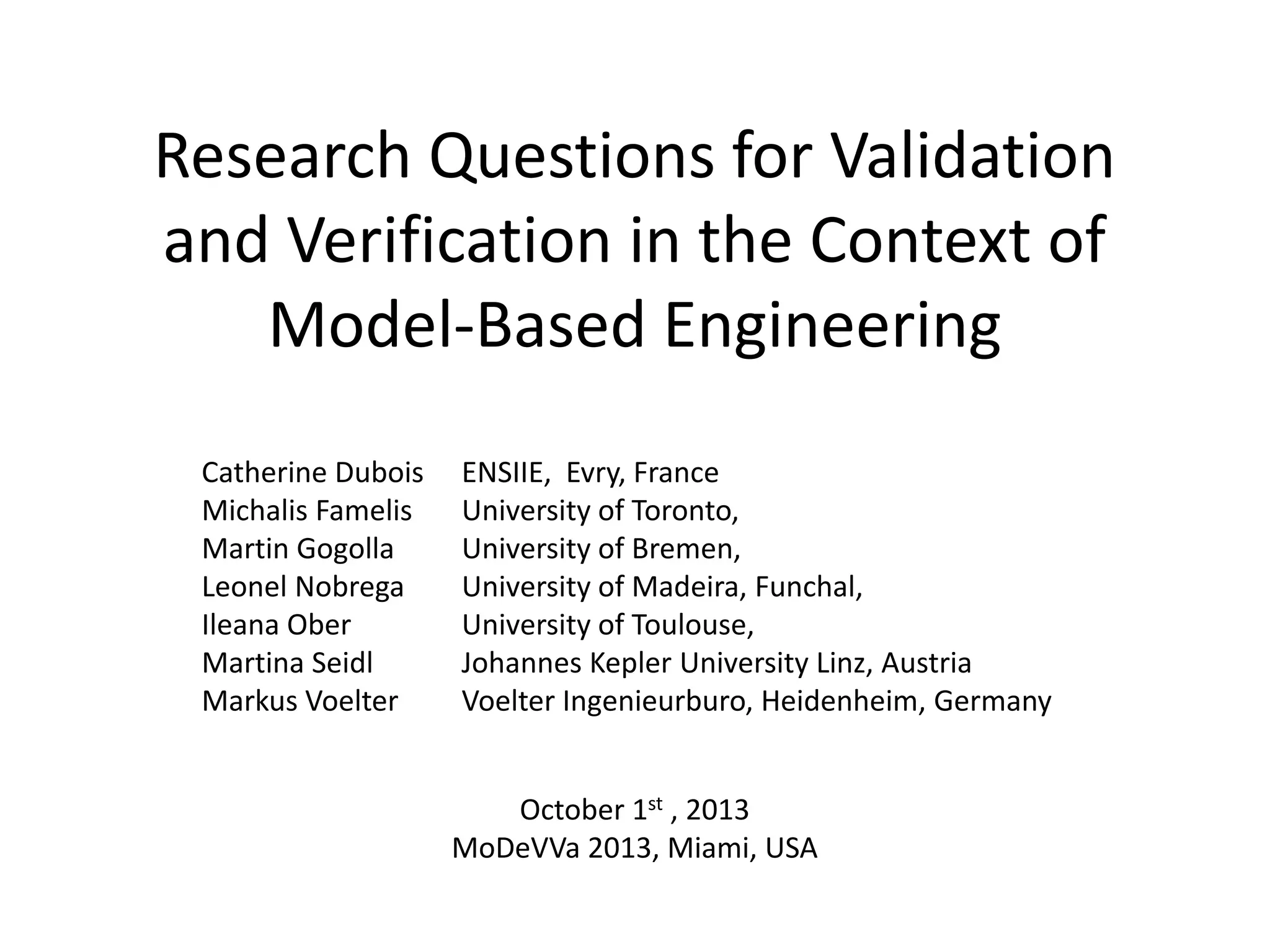 Research Questions for Validation and Verification in the Context of Model-Based Engineering ...