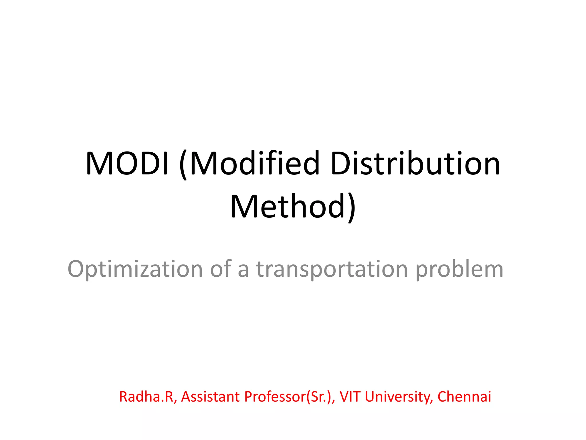 MODI Method- Optimization of transportation problem | PDF