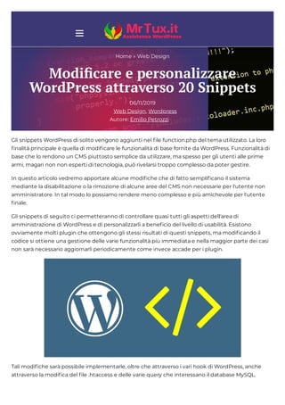 Modificare e personalizzare WordPress attraverso 20 Snippets | PDF