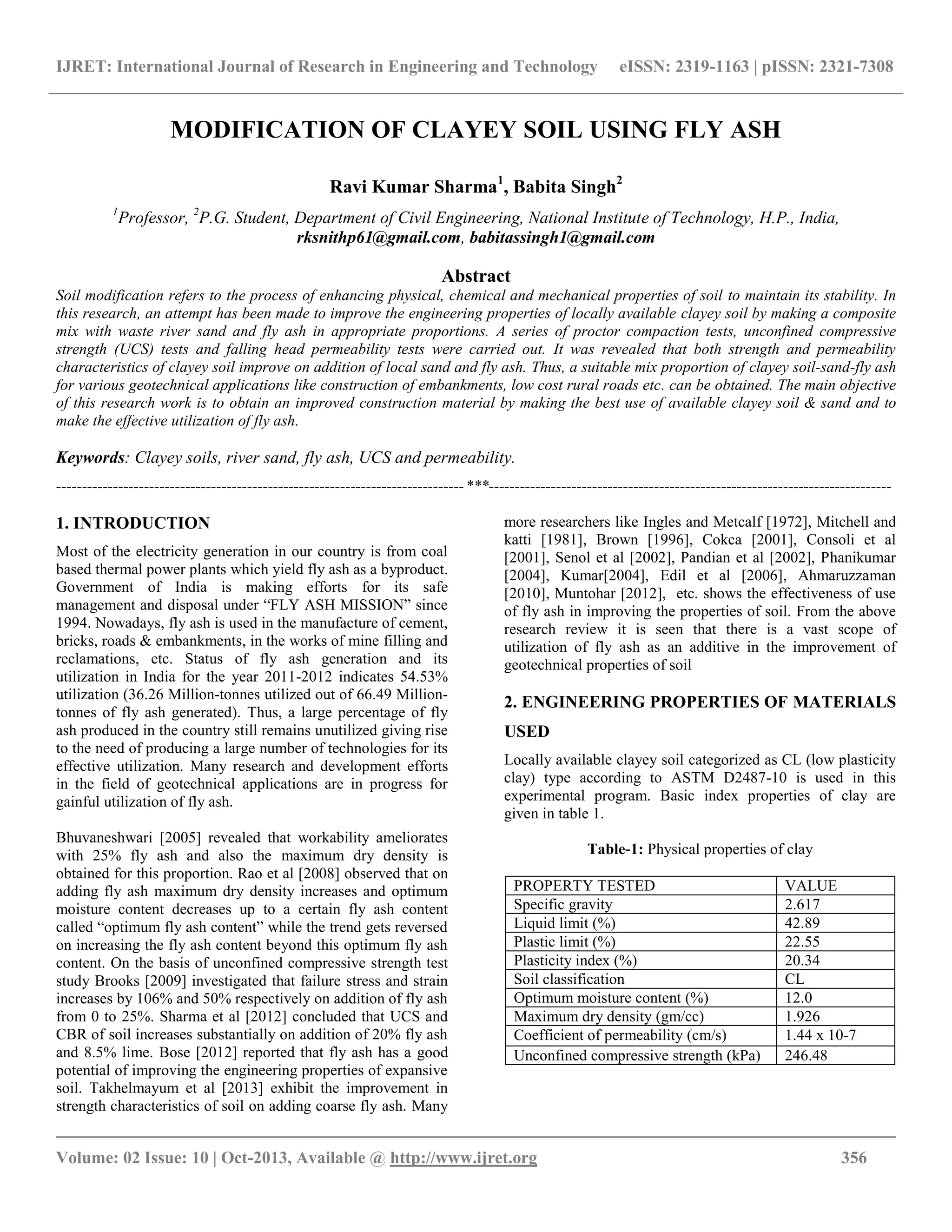 Modification of clayey soil using fly ash | PDF