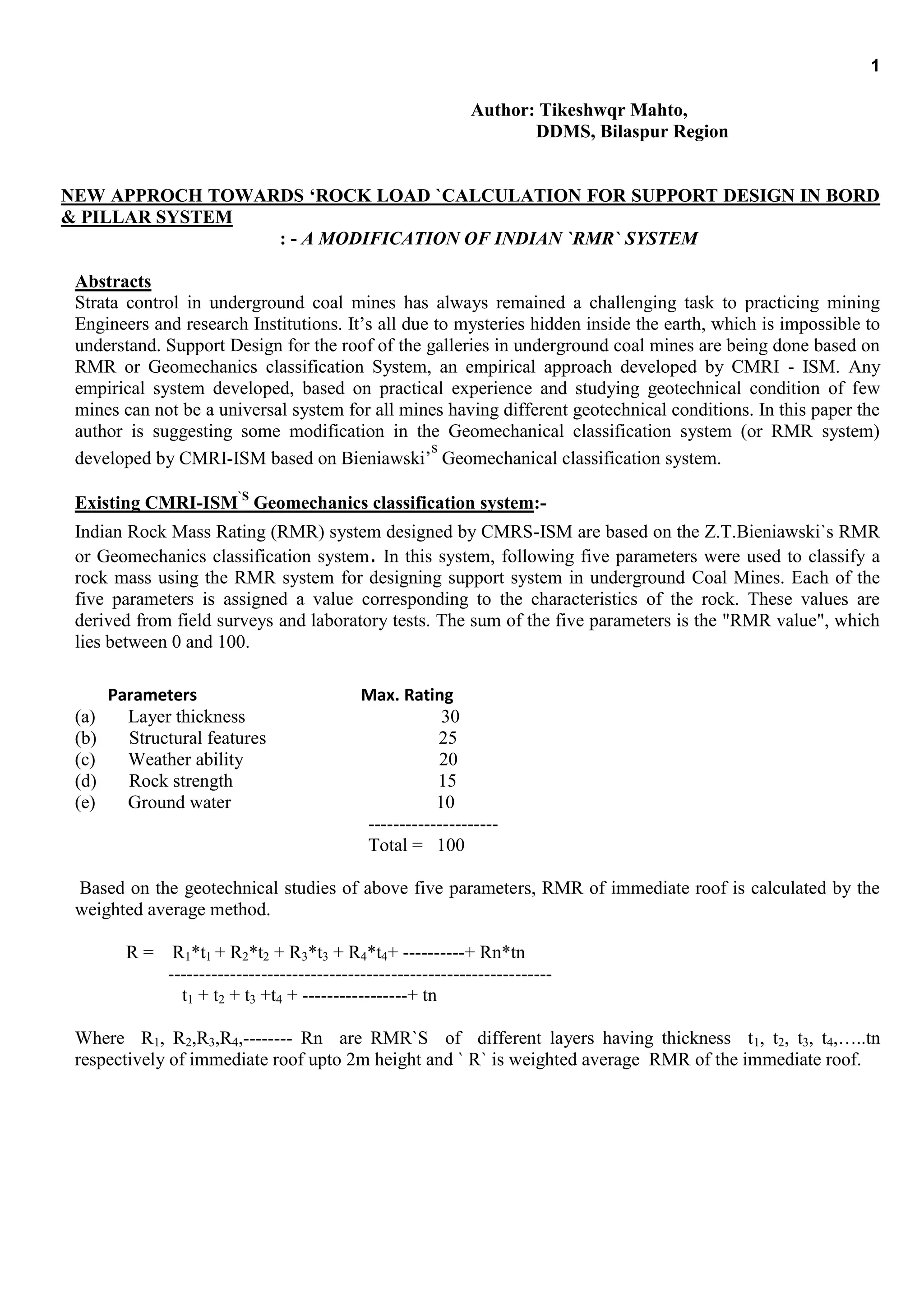 Modification of rmr system for indian coal mines | PDF