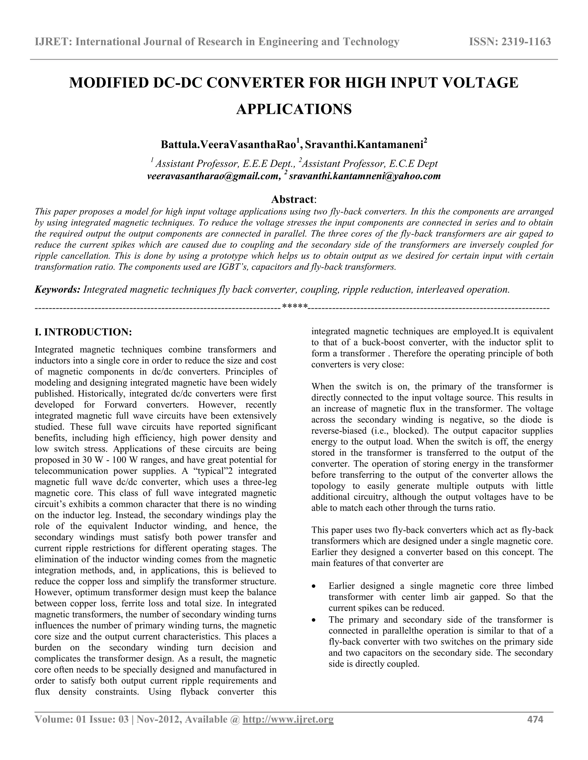 Modified dc dc converter for high input voltage applications | PDF