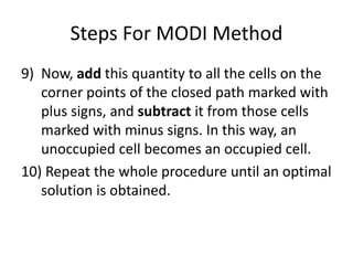 Modified distribution method (modi method) | PPTX | Logistics | Business