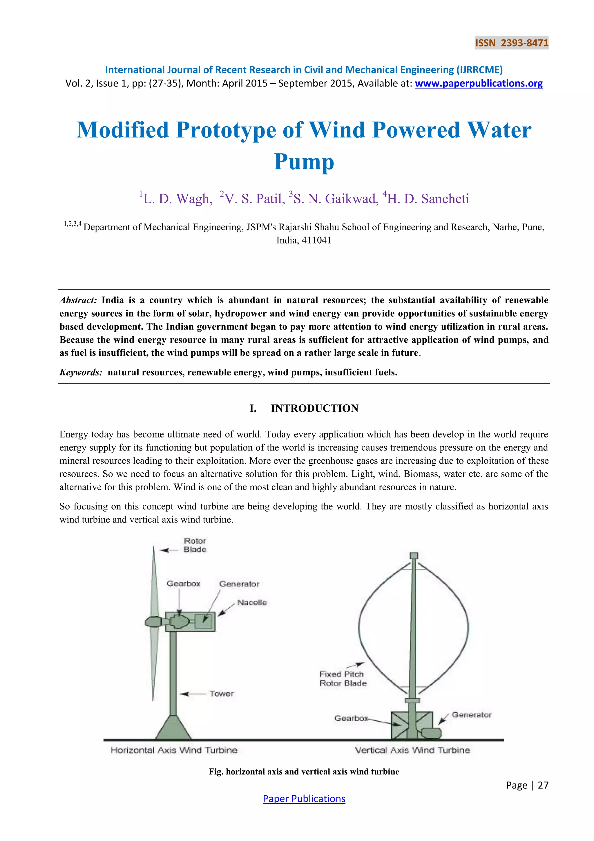 Modified Prototype of Wind Powered Water Pump | PDF