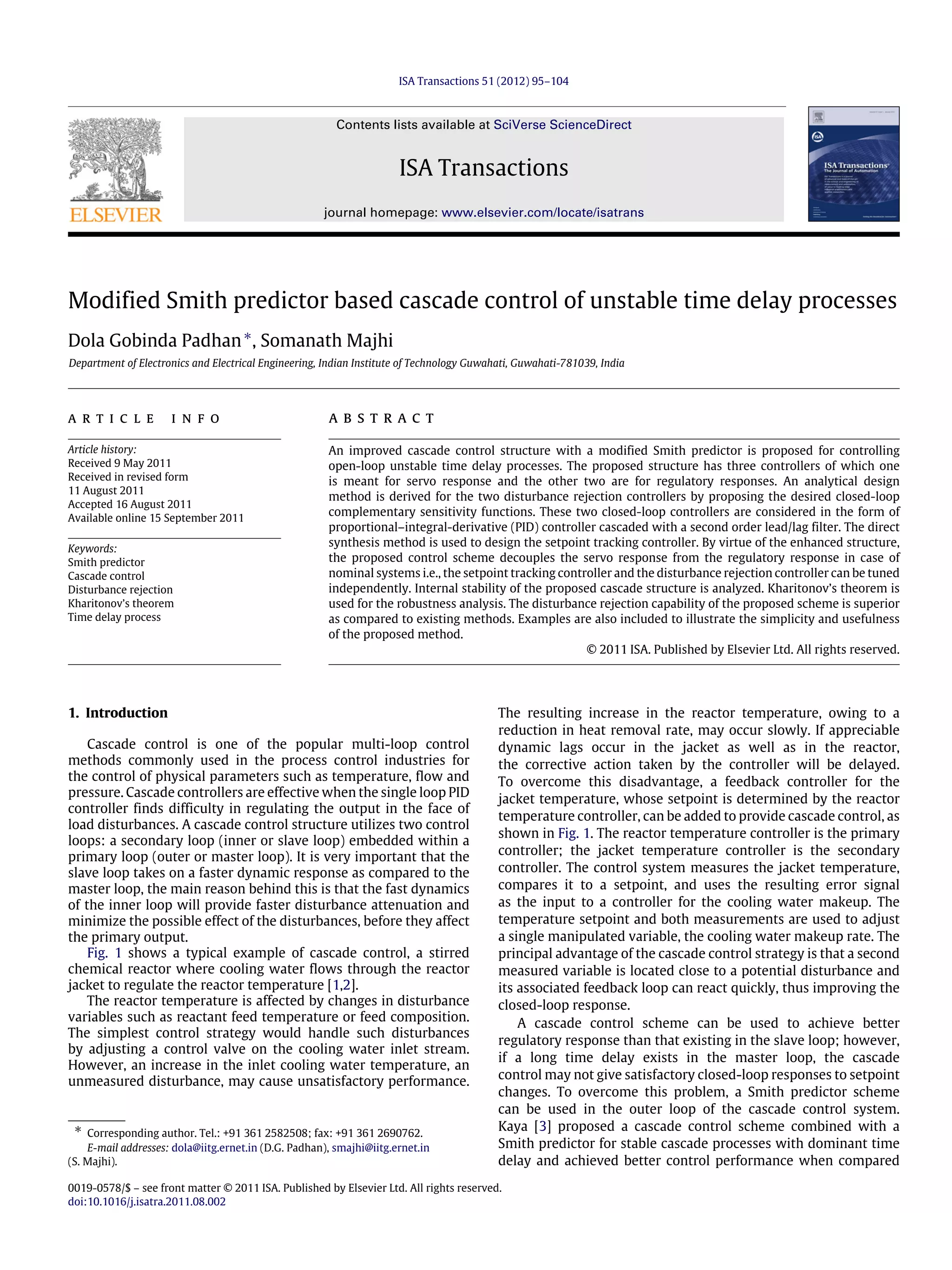 Modified smith predictor based cascade control of unstable time delay processes | PDF