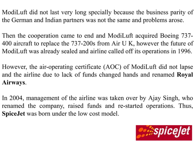 Modiluft now known as SPICEJET | PPTX | Air Travel | Travel Type