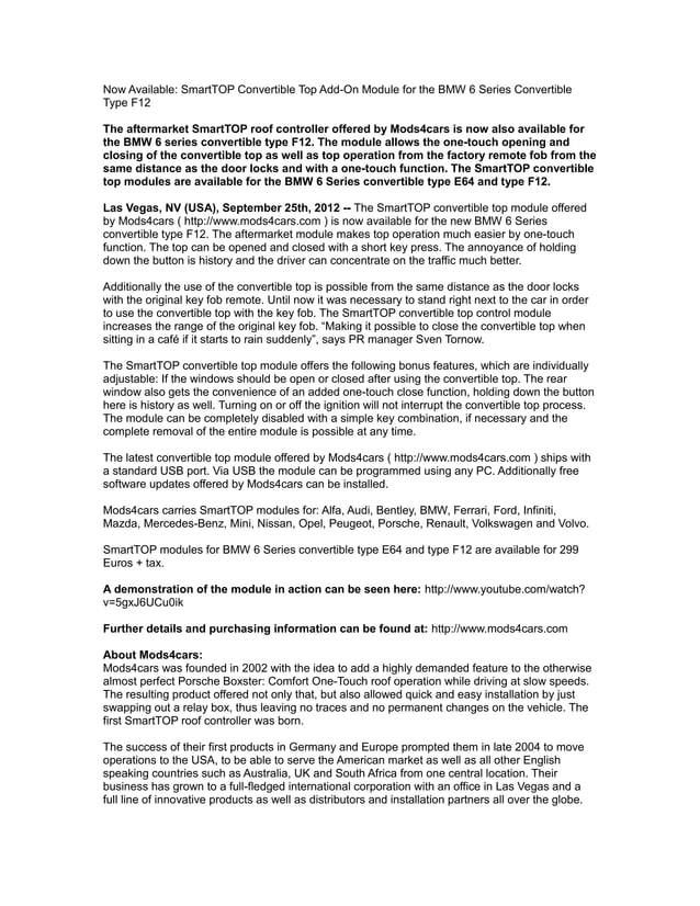 Now Available: SmartTOP Convertible Top Add-On Module for the BMW 6 ...