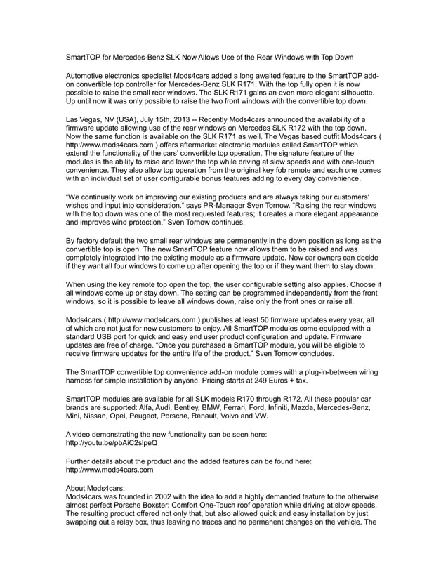 SmartTOP for Mercedes-Benz SLK Now Allows Use of the Rear Windows with ...