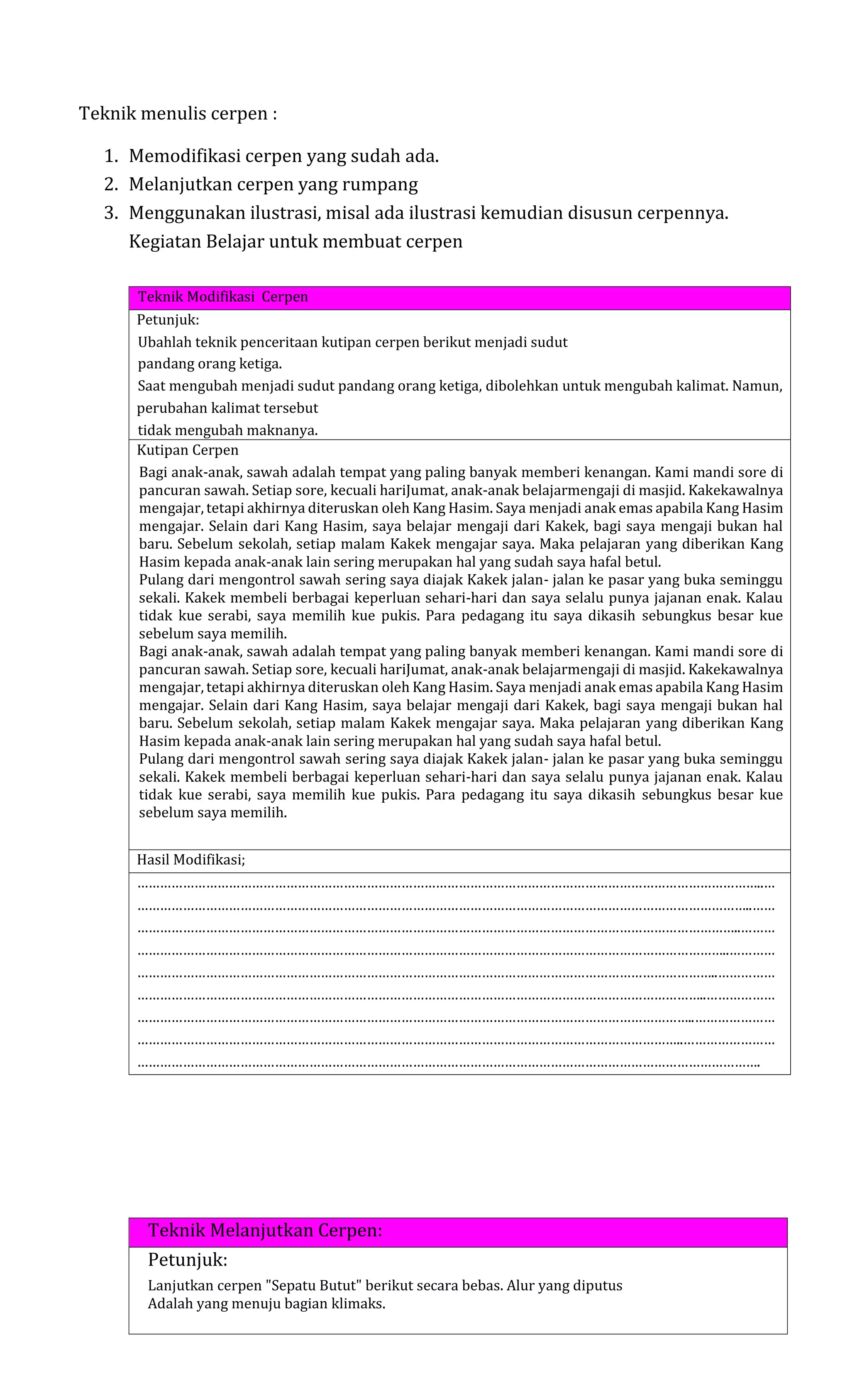 MODUL BAHASA INDONESIA BAB III CERPEN KELAS IX TINGKAT SMP-K13 | PDF