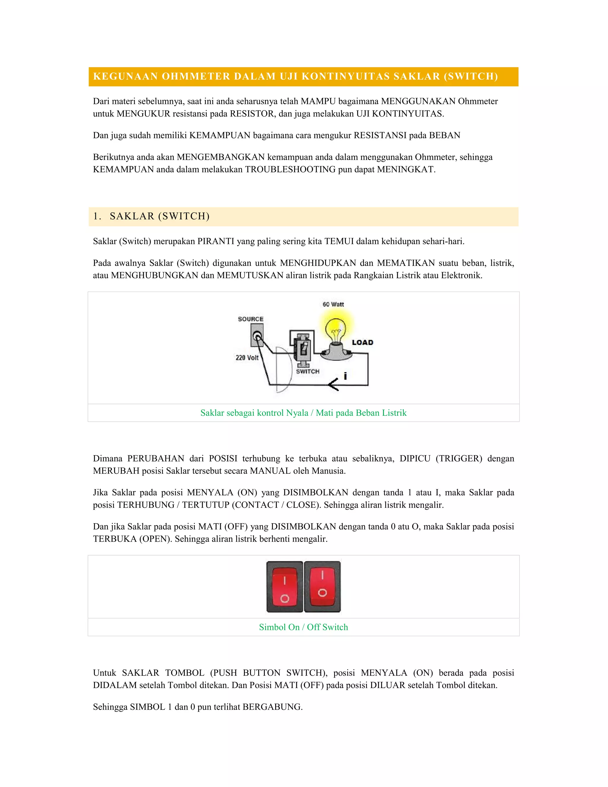 Modul cara menggunakan ohm meter dalam pengujian kontinyuitas saklar (switch) | PDF
