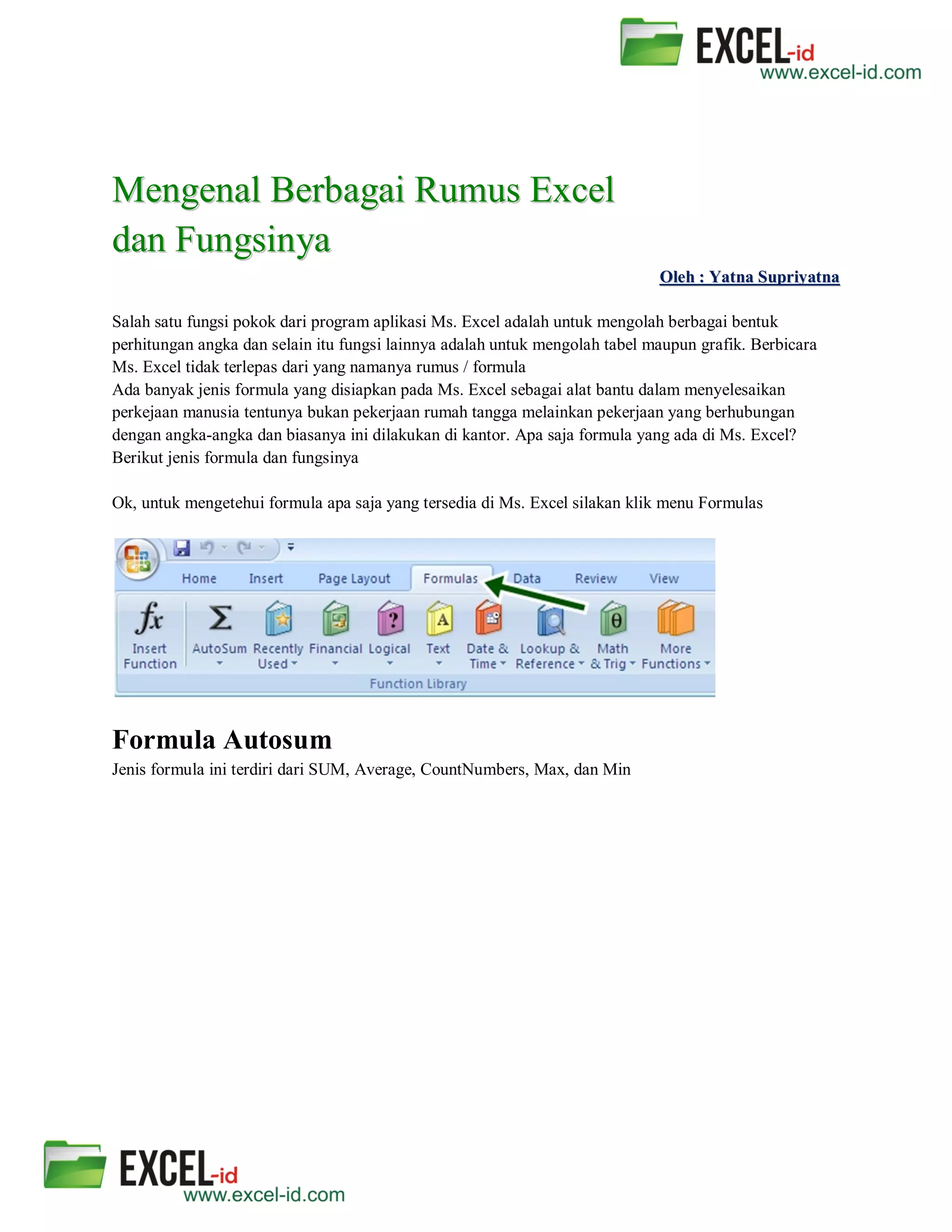 Modul mengenal berbagai rumus excel dan fungsinya | PDF
