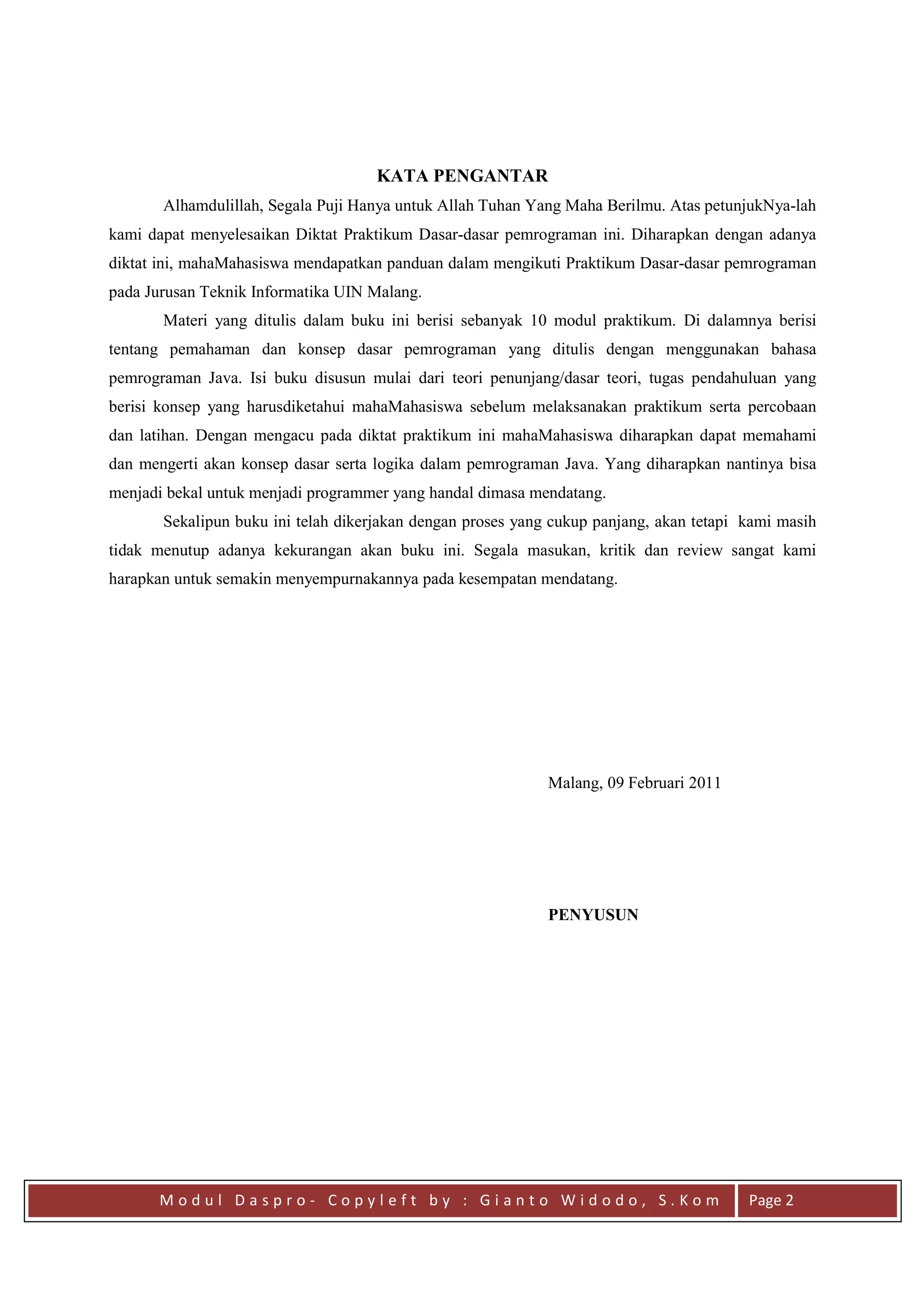 Modul praktikum dasar dasar pemrograman java | PDF