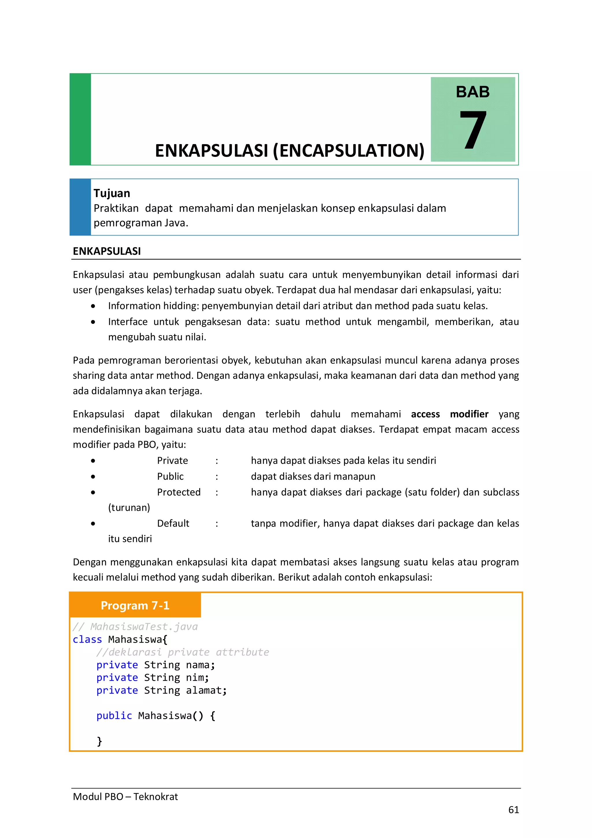 Modul PBO Bab-07 - Enkapsulasi (Encapsulation) | PDF