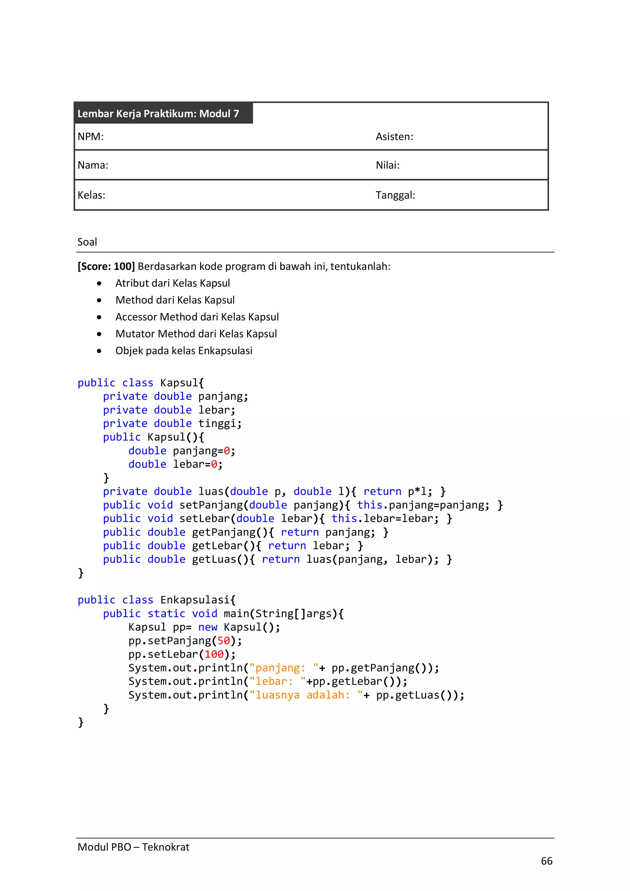 Modul PBO Bab-07 - Enkapsulasi (Encapsulation) | PDF
