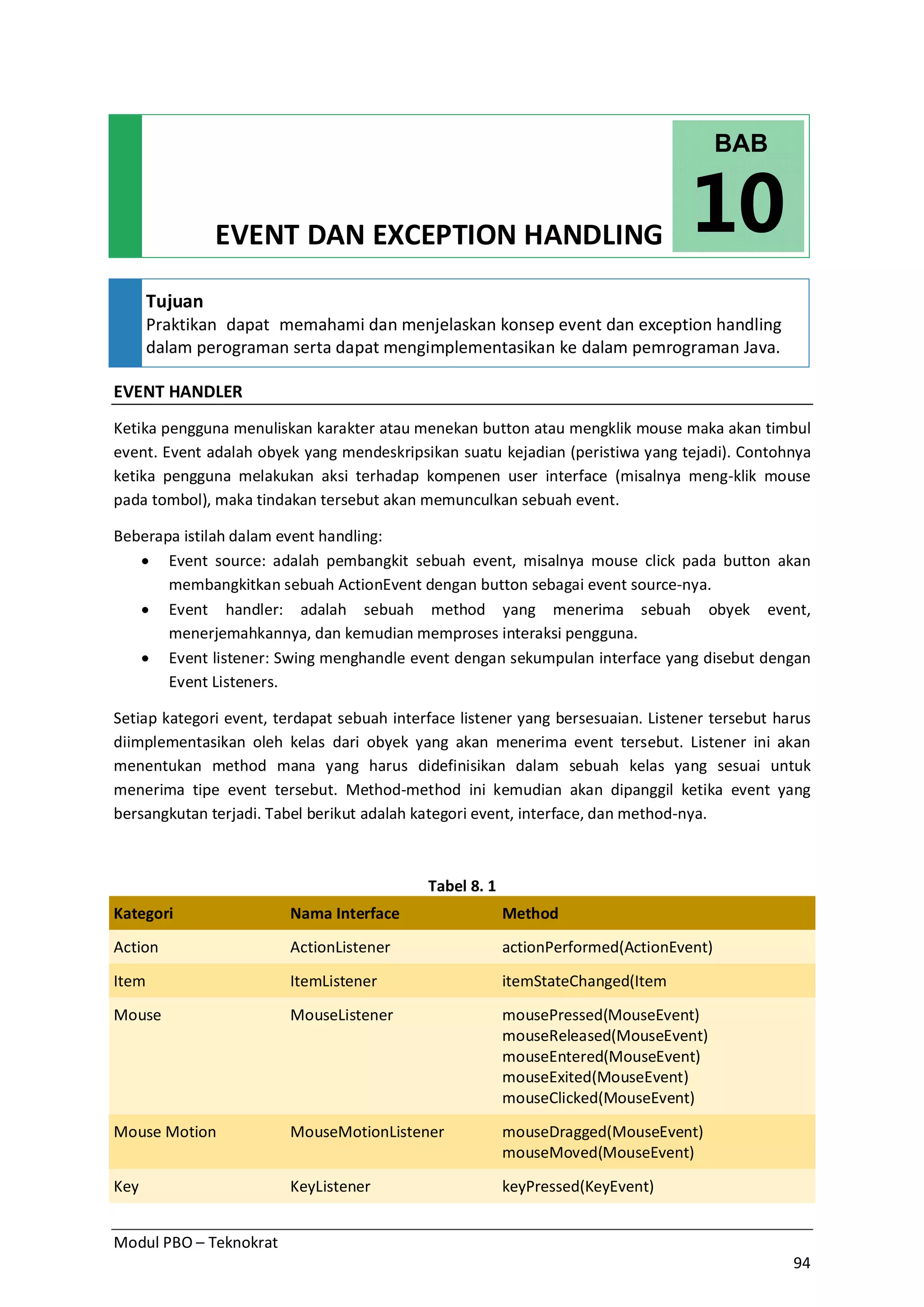 Modul PBO Bab-10 - Event & Exception Handling | PDF
