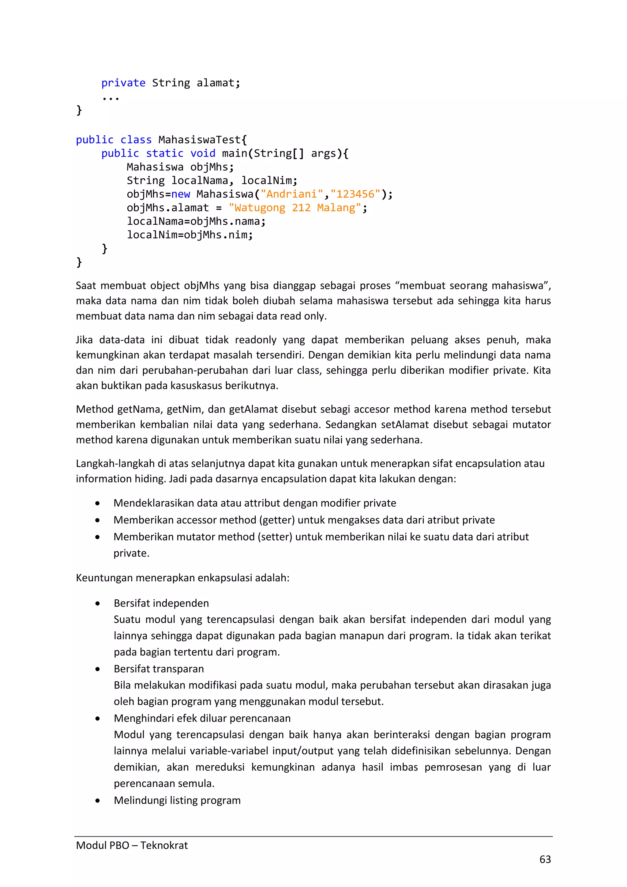 Modul pratikum pbo - ENCAPSULATION | PDF
