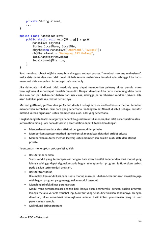 Modul pratikum pbo - ENCAPSULATION | PDF