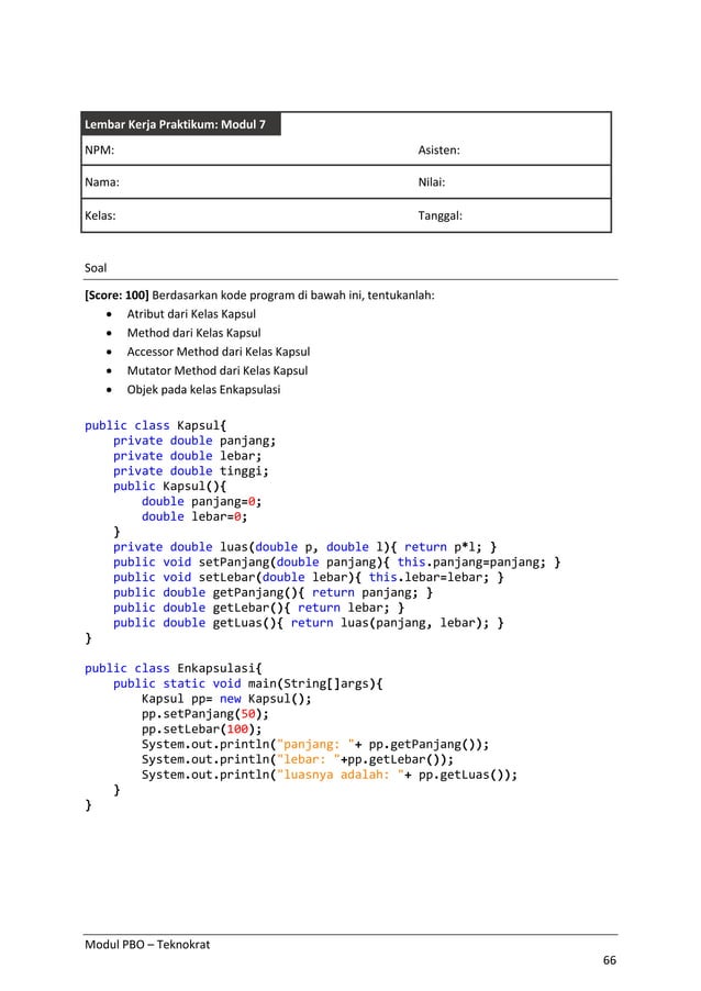 Modul pratikum pbo - ENCAPSULATION | PDF