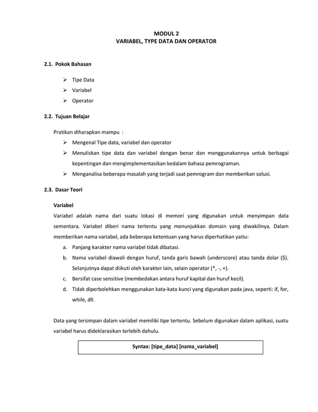 Modul 2 variabel, tipe data dan operator | PDF