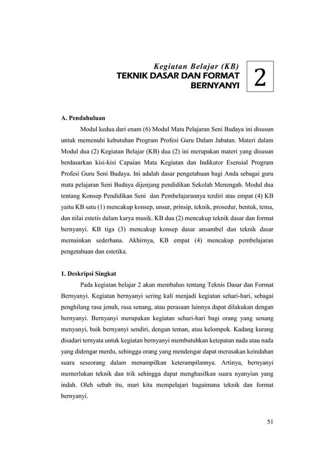 MODUL II SENI BUDAYA KB 2: TEKNIK DASAR DAN FORMAT BERNYANYI | PDF