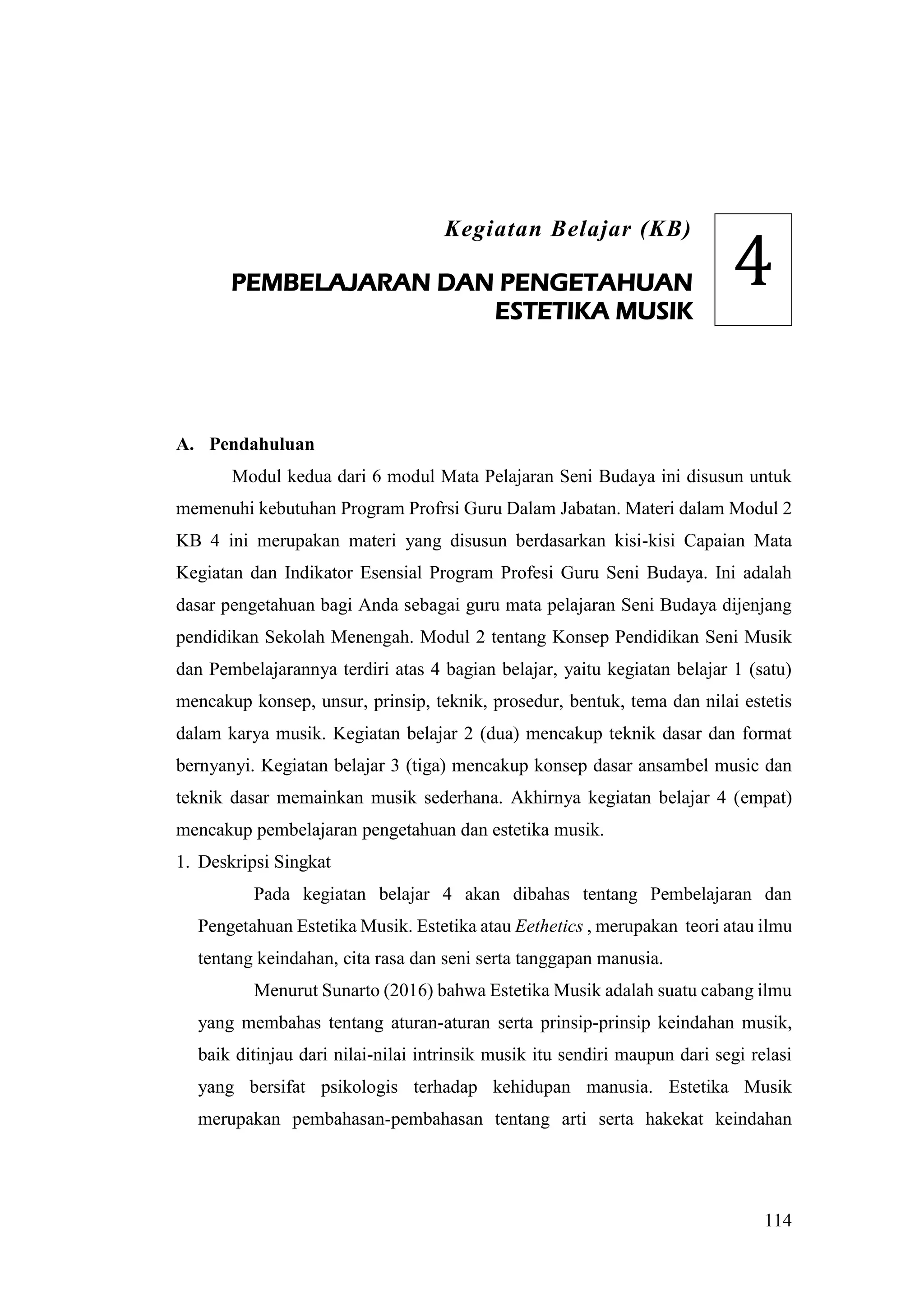 MODUL II SENI BUDAYA KB 4: PEMBELAJARAN DAN PENGETAHUAN ESTETIKA MUSIK | PDF