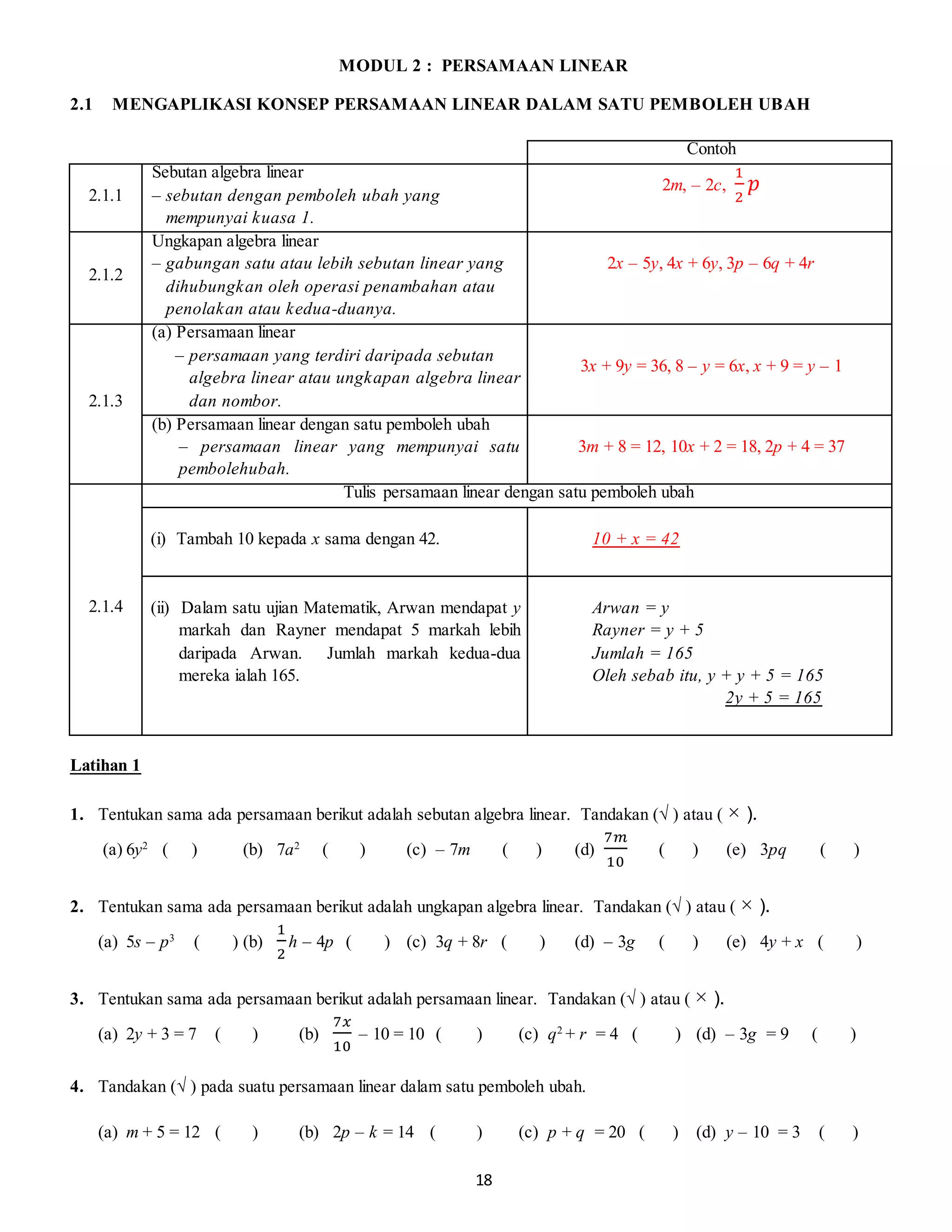 Modul 2 persamaan linear | DOCX