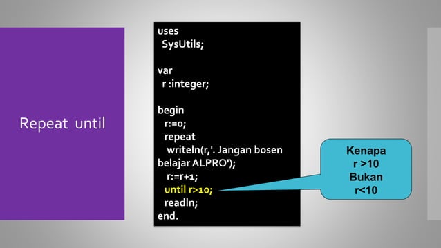 Perulangan While do, For to do, dan Repeat Until dalam Pascal | PPTX