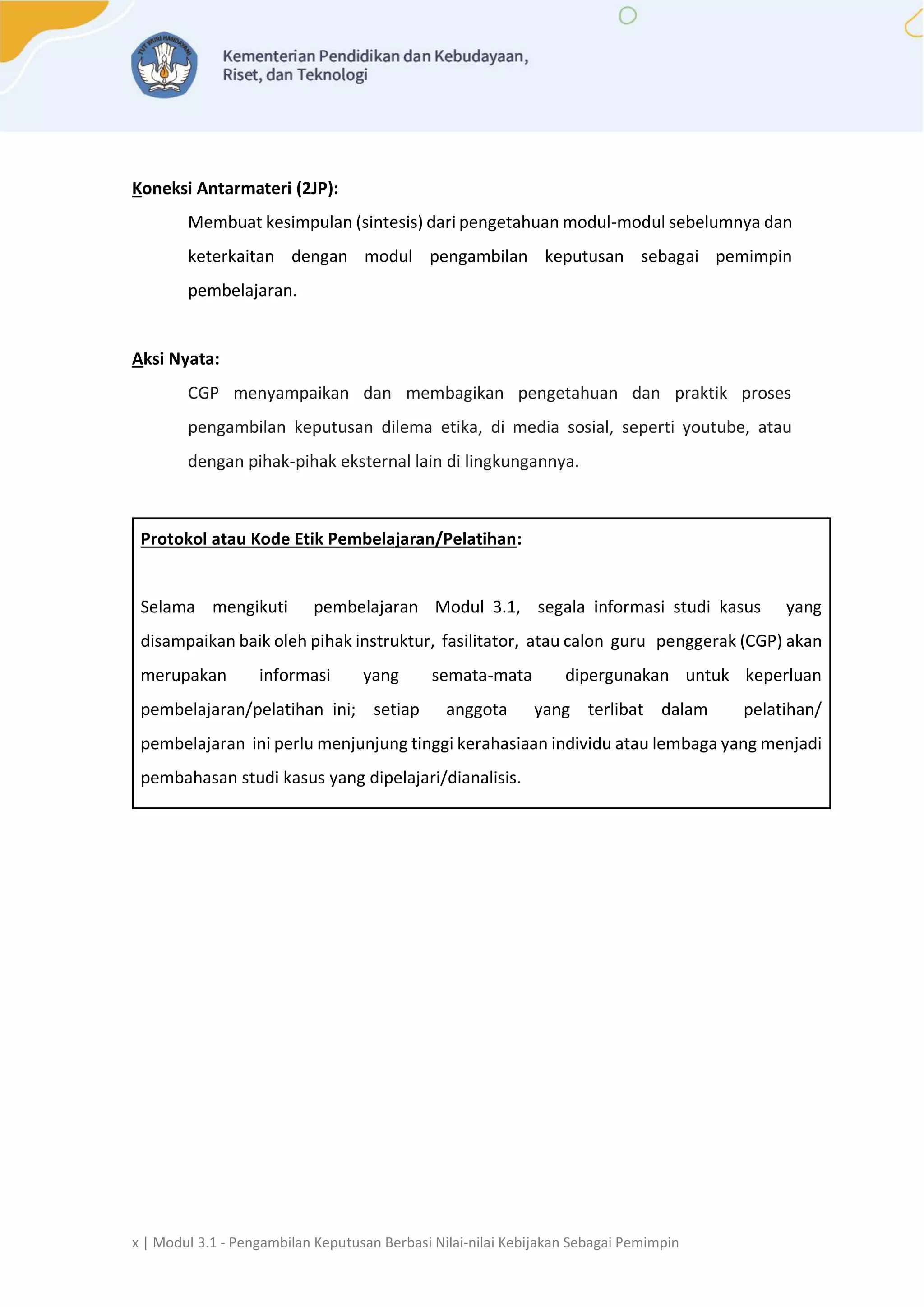 Modul 3.1. Angkatan 5 Reguler. Pengambilan Keputusan Berbasis Nilai-nilai Kebajikan sebagai ...