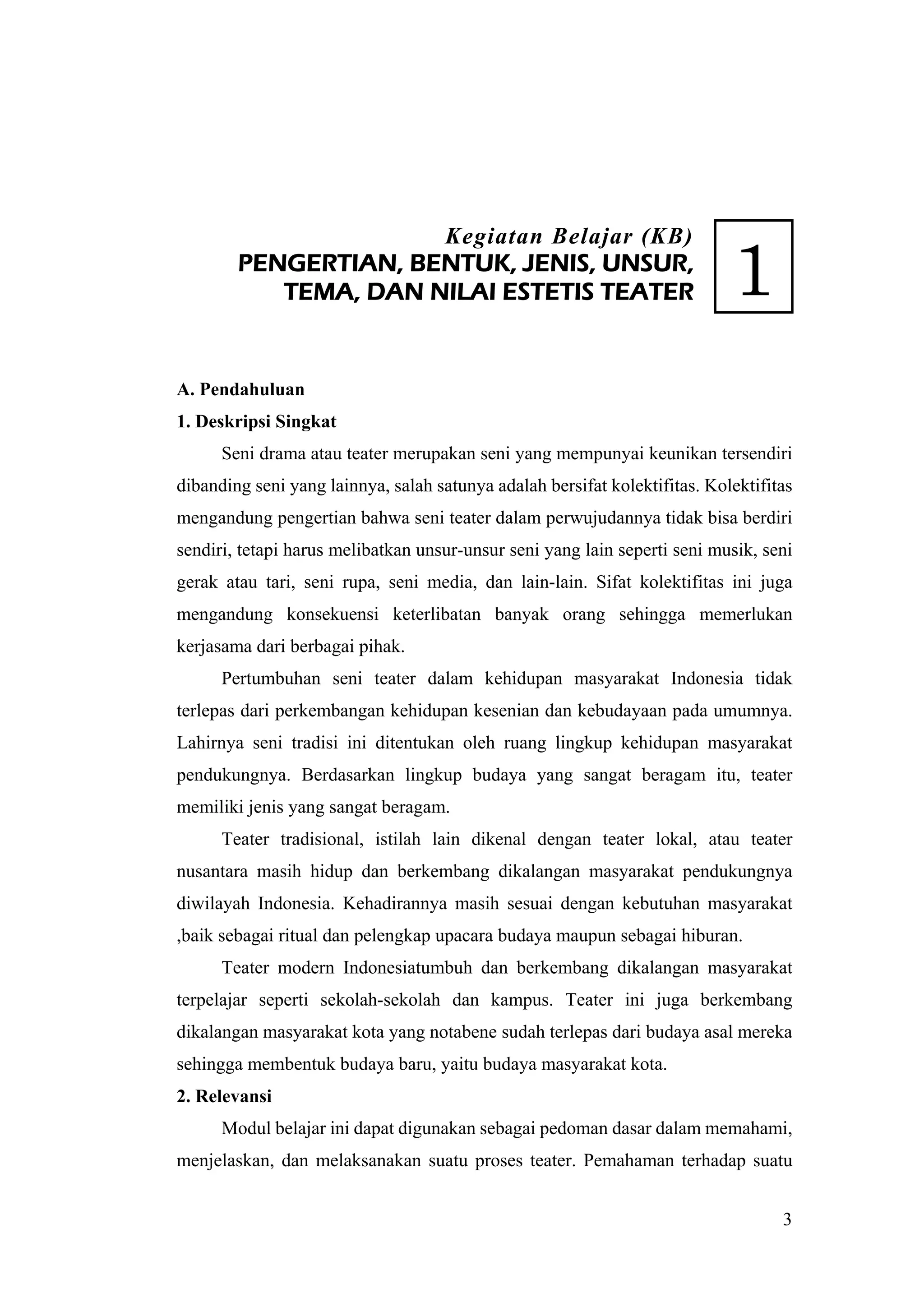 MODUL IV SENI BUDAYA KB 1: KONSEP SENI TEATER: UNSUR, JENIS, DAN ESTETIKA | PDF