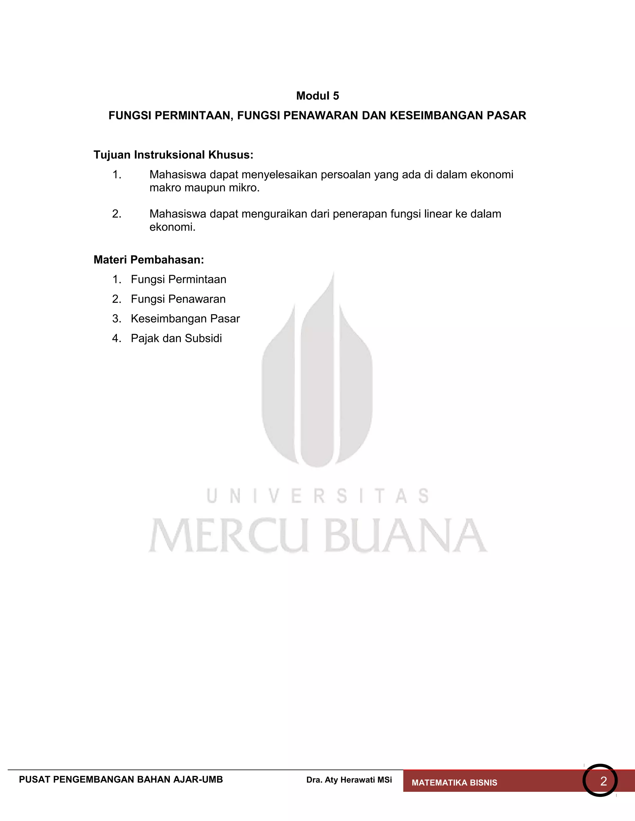 Modul 5 fungsi permintaan, fungsi penawaran dan keseimbangan pasar | DOC